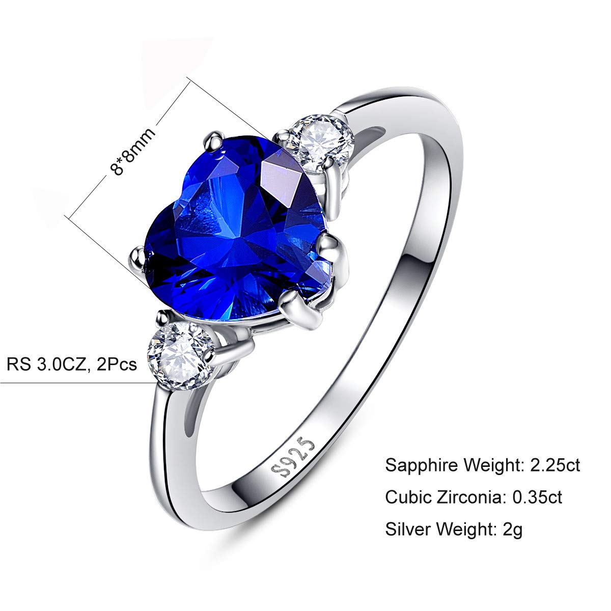 BONLAVIE 2.25ct Created Blue Sapphire Ring 925 Sterling Silver Rhodium Plated Blue Heart Ring Promise Ring Engagement Ring for Her Birthday Anniversary Valentine's Day Size 7