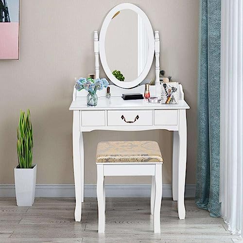 KJNS Vanity Table Makeup Desk Bench Dresser w/Stool Drawer White Vanity Desk Makeup Vanity Side Tables Bedroom Vanity Table Portable Desk Vanity Set
