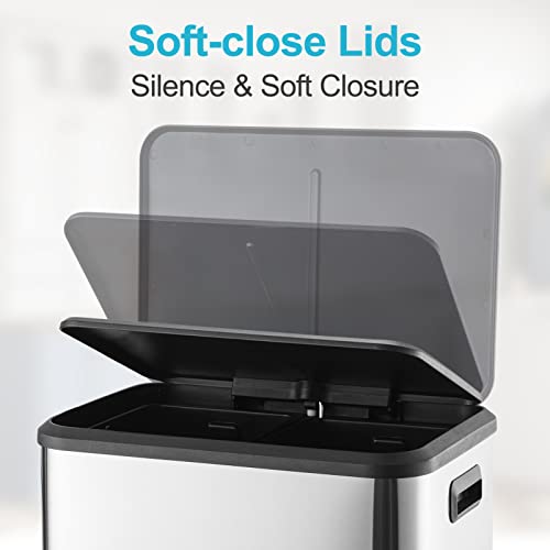 GlowSol Dual Trash Can for Recycling and Trash, 2 x 4 Gallon (30L) Stainless Steel Kitchen Trash Can with Lid and Foot Pedal, Double Compartment Garbage Can, Trash Can with Recycling Bin