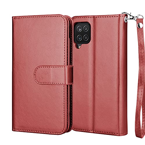 NJJEX Wallet Case for Samsung Galaxy A12, for Galaxy A12 Case 6.5", [9 Card Slots] PU Leather Credit Holder Folio Flip [Detachable] Kickstand Magnetic Phone Cover & Lanyard for Samsung A12 [Wine Red]
