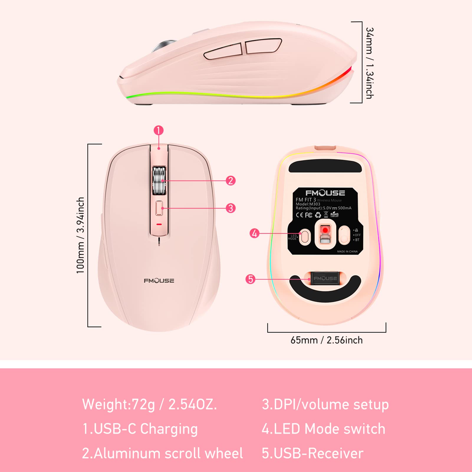 Docooler 2.4G+BT5.1 Dual-Mode Wireless Mouse Ergonomic Gaming Mouse with 4-Gear DPI(800/1200/1600/2400) and 6 RGB Lights Effect Adjustable, Compatible with Windows/Mac/iOS/Android