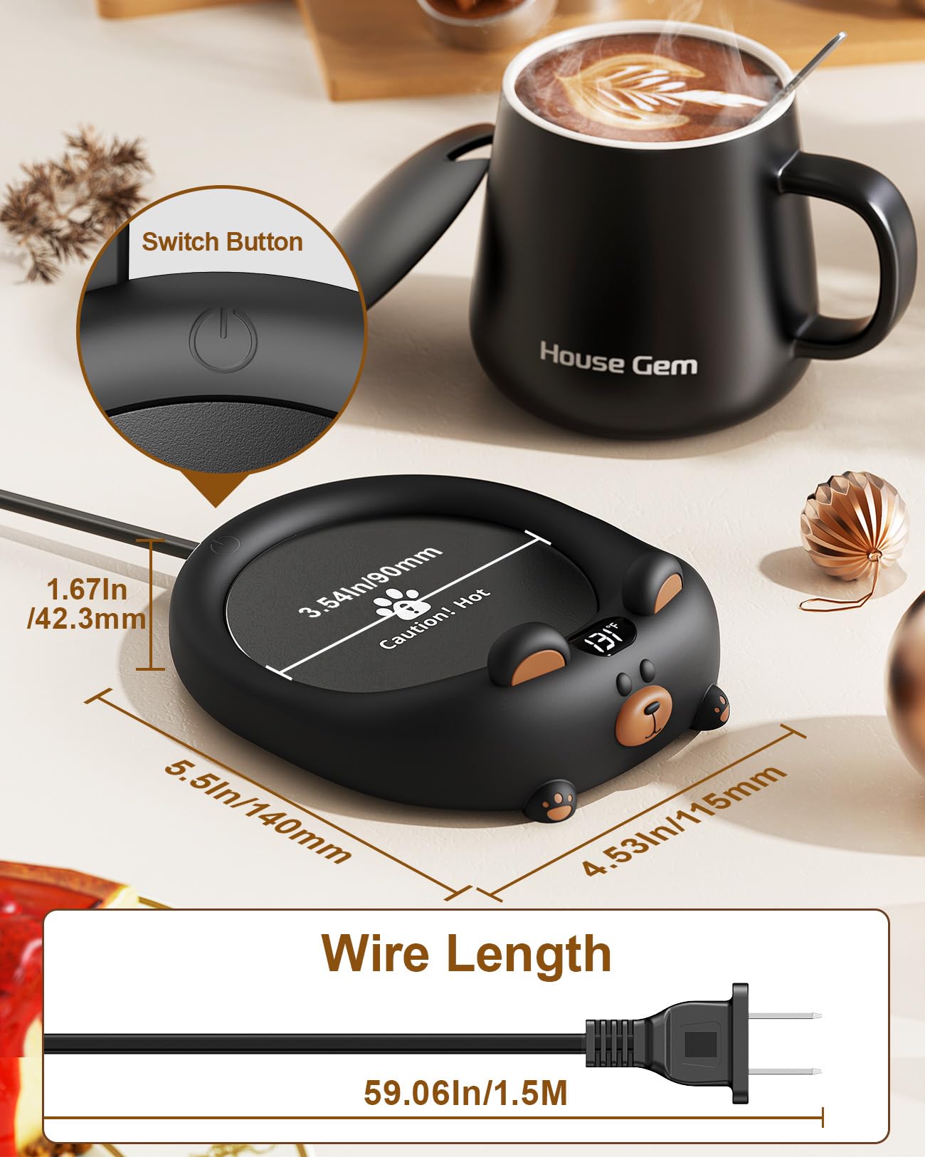 House Gem Coffee Mug Warmer for Desk, Electric Candle Warmer Plate, Desk Accessories with Auto Shut Off Timer (Black Brown)