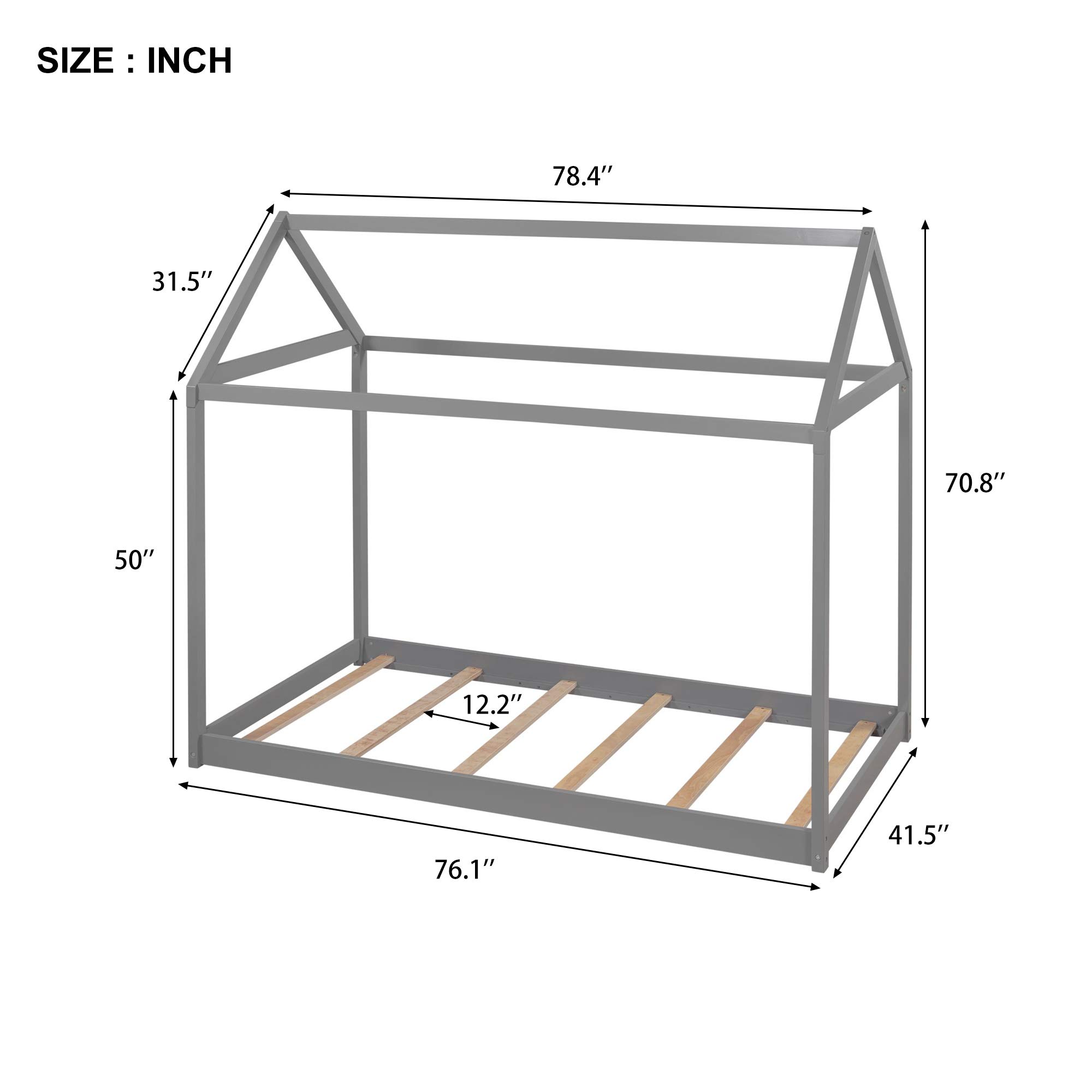 House Twin Bed Frame Wooden Platform Bed for Kids,No Box Spring Needed, Gray