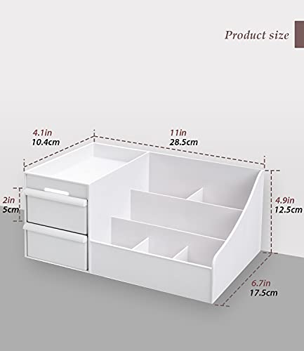 Makeup Desk Cosmetic Storage Box Organizer with Drawers for Dressing Table, Vanity Countertop, Bathroom Counter, Elegant Vanity Holder for Brushes, Eyeshadow, Lotions, Lipstick and Nail Polish (White)