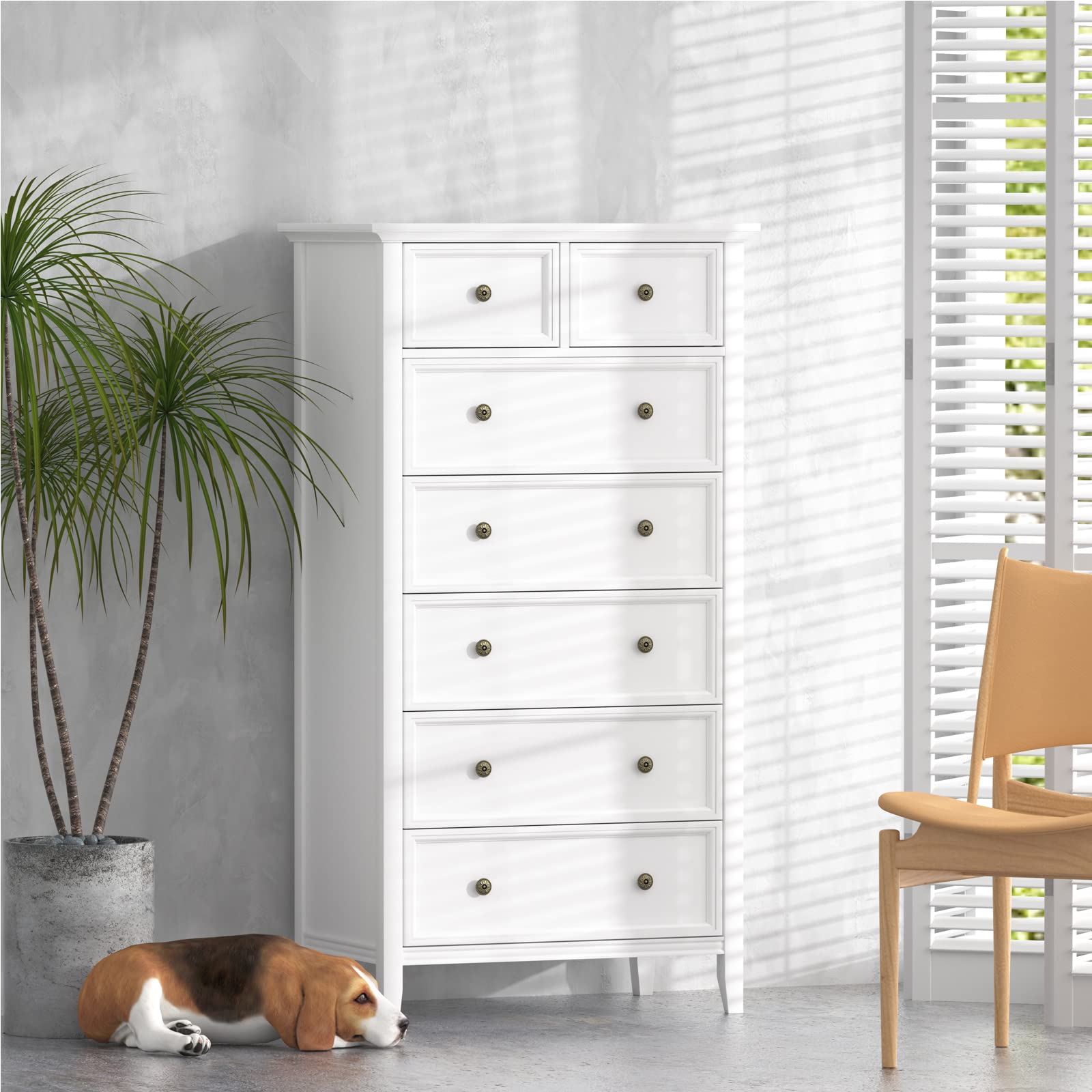 IKENO White 7 Drawer Tall Dresser, Tall Solid Wood Large Storage Cabinet, Modern Simple White Tall Chest of Drawer for Bedroom Living Room Hallway Entryway (White)