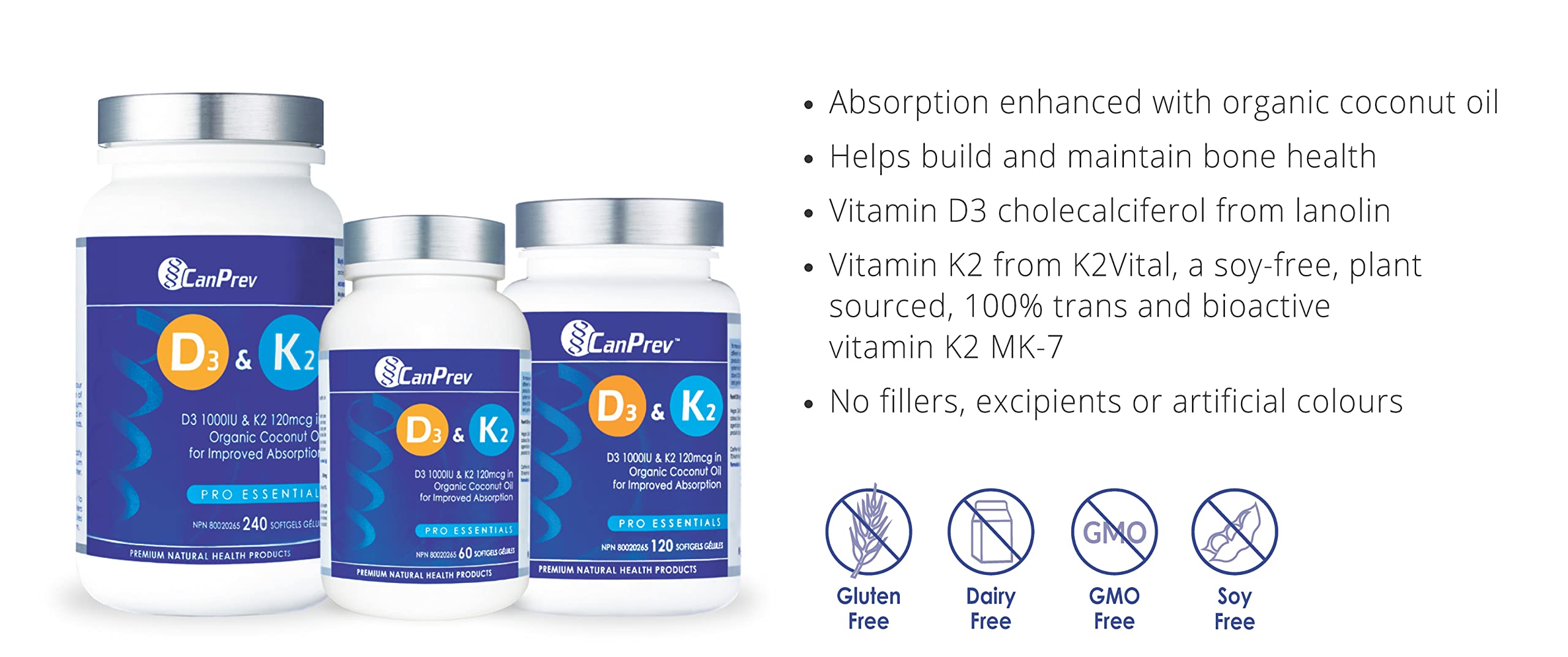 CanPrev D3 & K2 - D3 1000IU & K2 120cg in Organic Coconut Oil, 240 Softgels
