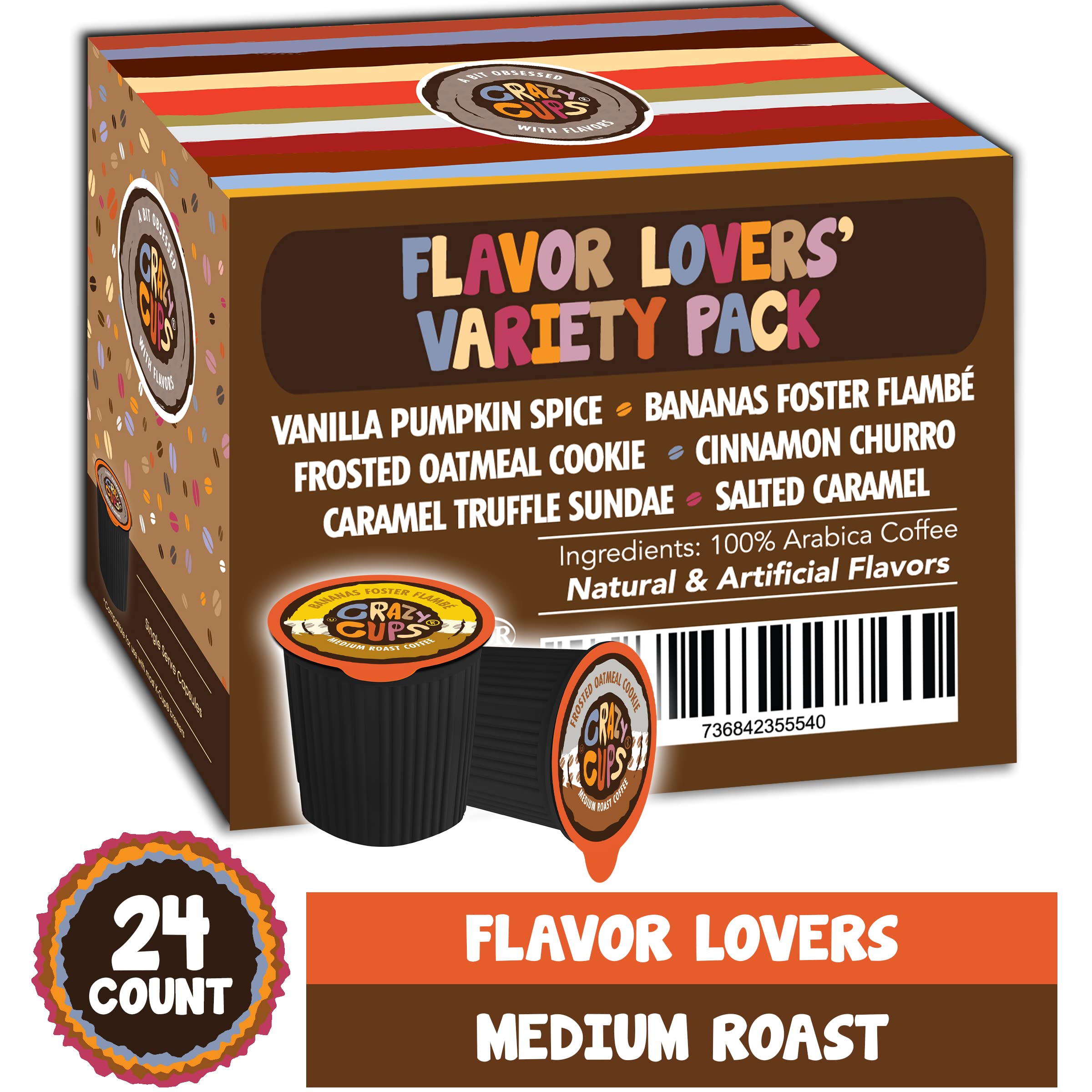 Crazy Cups Flavored Coffee Pods Variety Pack - Coffee Flavors for the Keurig K Cups Machine, Recyclable Single Serve Cups, 24 Count
