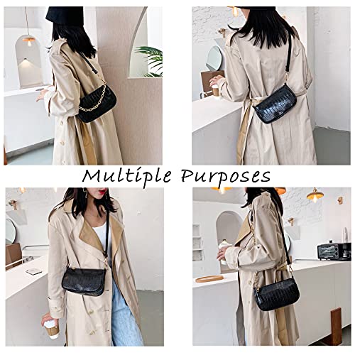 Classic Shoulder Bags for Women with Zipper Closure, Small Croc Elegant Clutch Shoulder Tote Handbag Purse for Women (Black Crocodile Pattern)