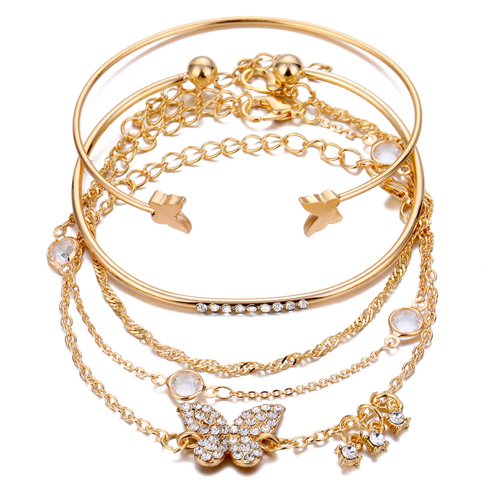 Caiyao Layered Stacking Link Chain Butterfly Bracelet Bangle Set Bohemian Paperclip Rhinestone Bead for Women 14K Gold Plated Animal Jewelry-D butterfly-2