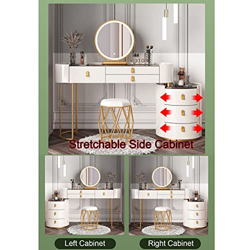 Makeup Vanity Desk with Lighted Mirror and Glass Top, Stylish Large Vanity Table Set with Drawers, Side Cabinet & Chair, 3 Lighting Colors, Perfect for Your Glamorous Beauty Routine
