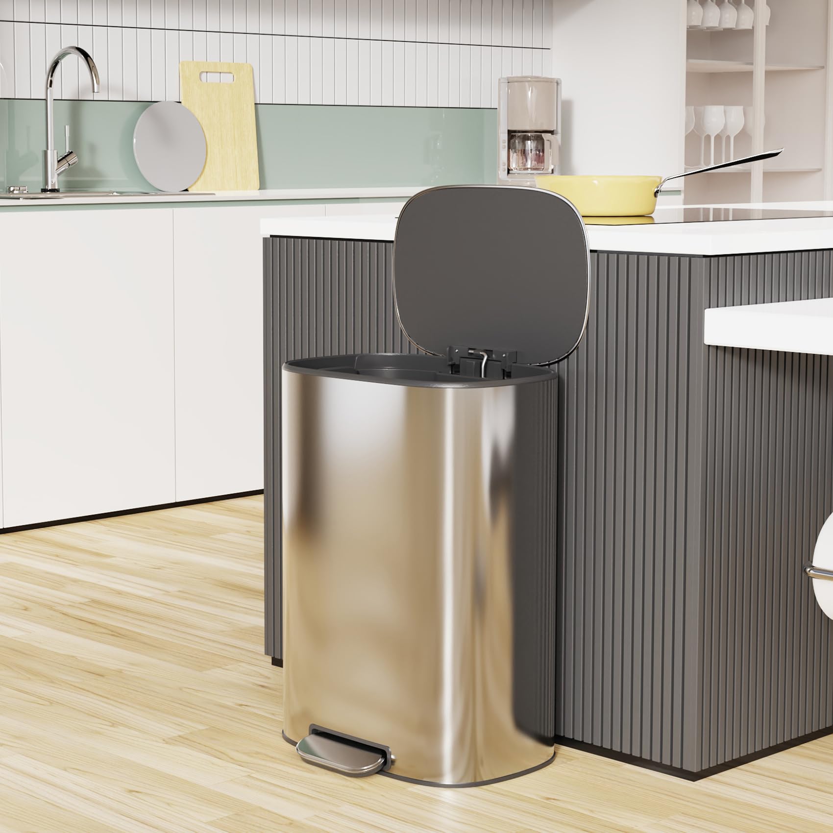 Fulocseny Oval Pedal Trash Can, 13 Gallon/50L, Soft-Close Silent Lid and 30 Garbage Bags, Stainless Steel Thickened Body Garbage Can for Kitchen, Commercial, Office, Living Room - Silver