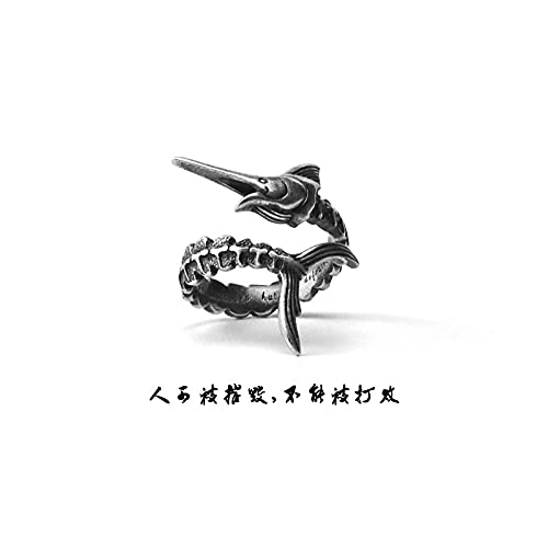 Caiyao Retro Thai-Silver The Old Man and The Sea Marlin Fish Ring Inspirational Open Adjustable Ring for Women Men Boys Girls Gift