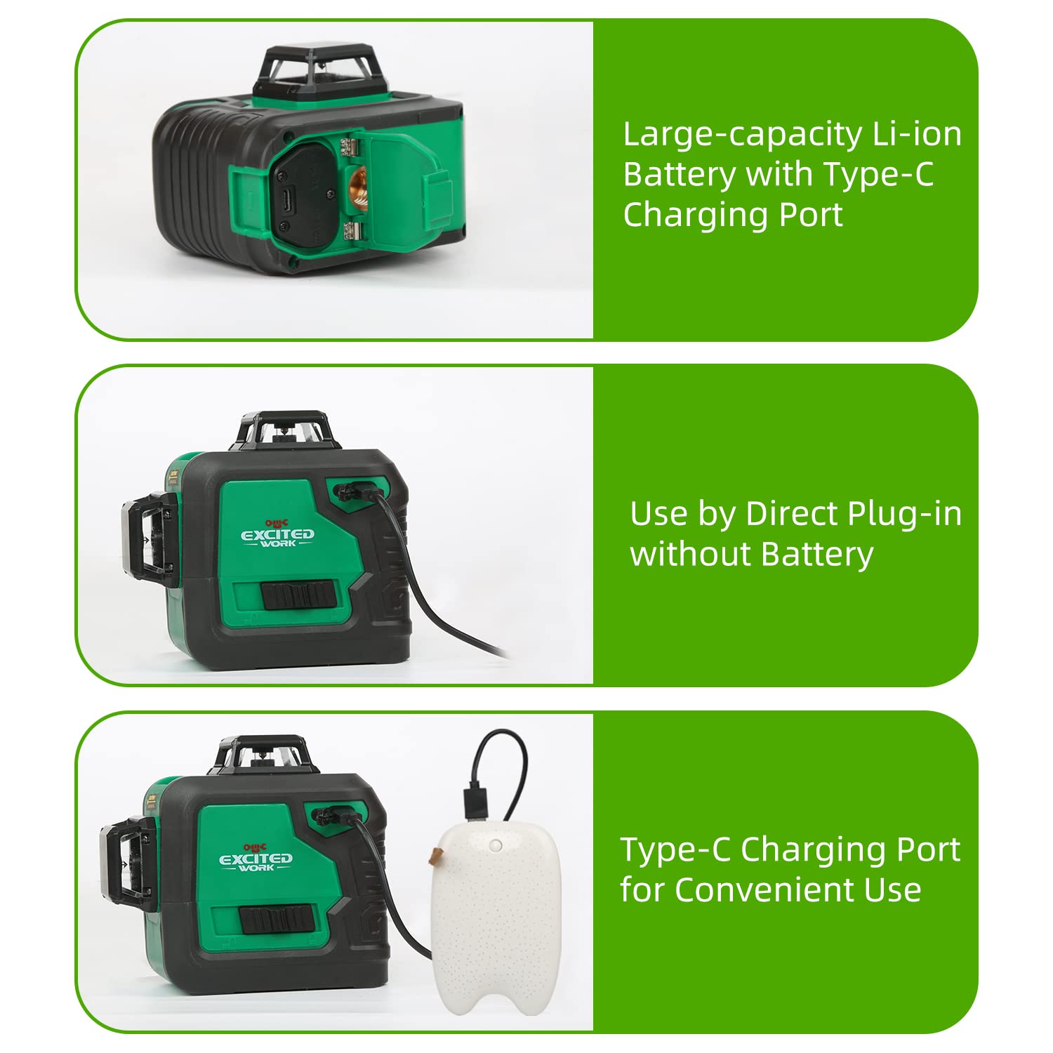 Excited Work 12 Lines Laser Leevl Self Leveling 3x360°, 3D Green Cross Line for Construction and Wallpaper/Flooring, Rechargeable Li-ion battery, Magnetic Pivoting Base, Remote Controller