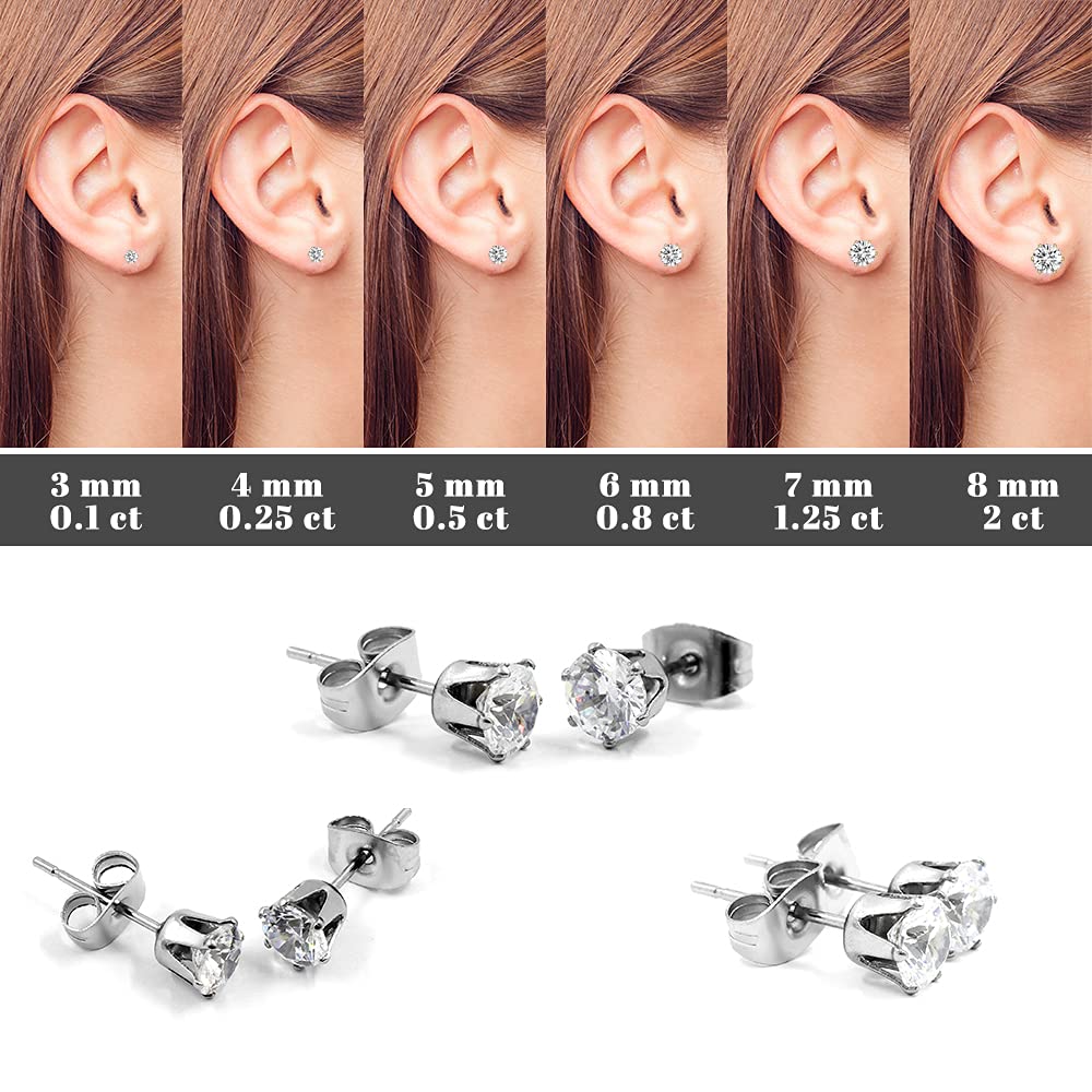 ComaZoo 14K Gold Stud Earrings for Women Men, Hypoallergenic Stainless Steel Stud Earrings Set with Simulated Diamond Cubic Zirconia 3-8mm (6 Pairs)… (white gold with balck CZ)