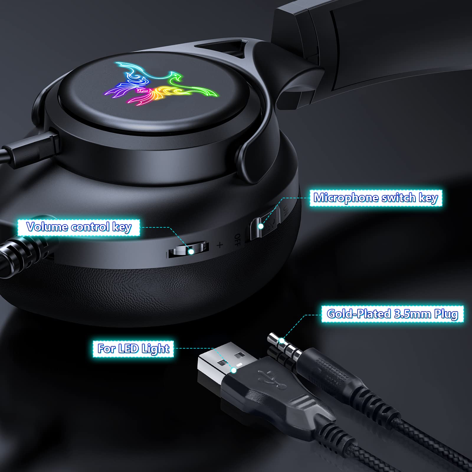 Combatwing Gaming Headset for PC with 7.1 Surround Deep Bass, 360 ° Adjustable Noise Canceling Microphone, LED Light and Memory Ear Guests, Gaming Earphone with Microphone for PS4 PS5 PC