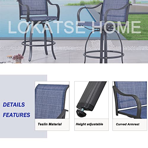 LOKATSE HOME 5 Piece Patio Dining Set Tesling Swivel Chairs with Glass Square Table Outdoor Furniture Bistro Rotating Stools for Poolside, Cafe, Porch, Chic Bar, Blue