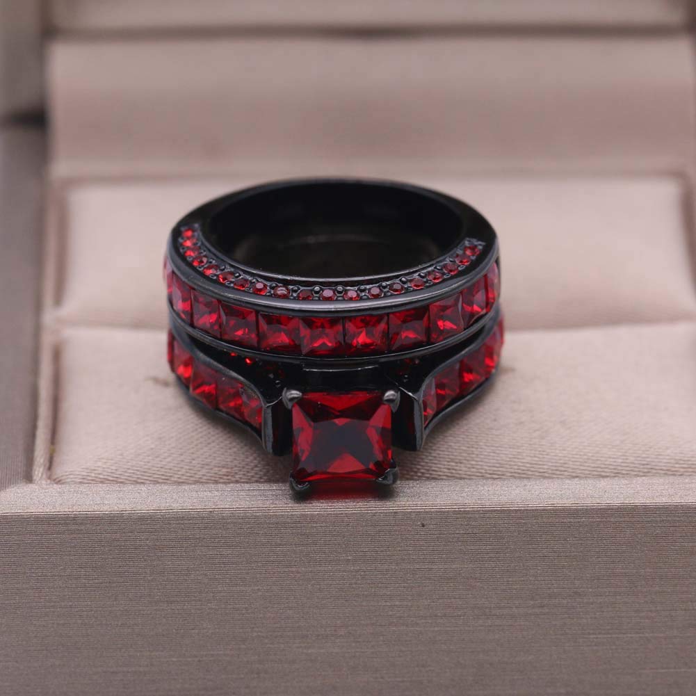 Black Gold Plated Womens Wedding Ring Sets Bridal Sets Princess cut Red Cz Engagement Ring Wedding Bands