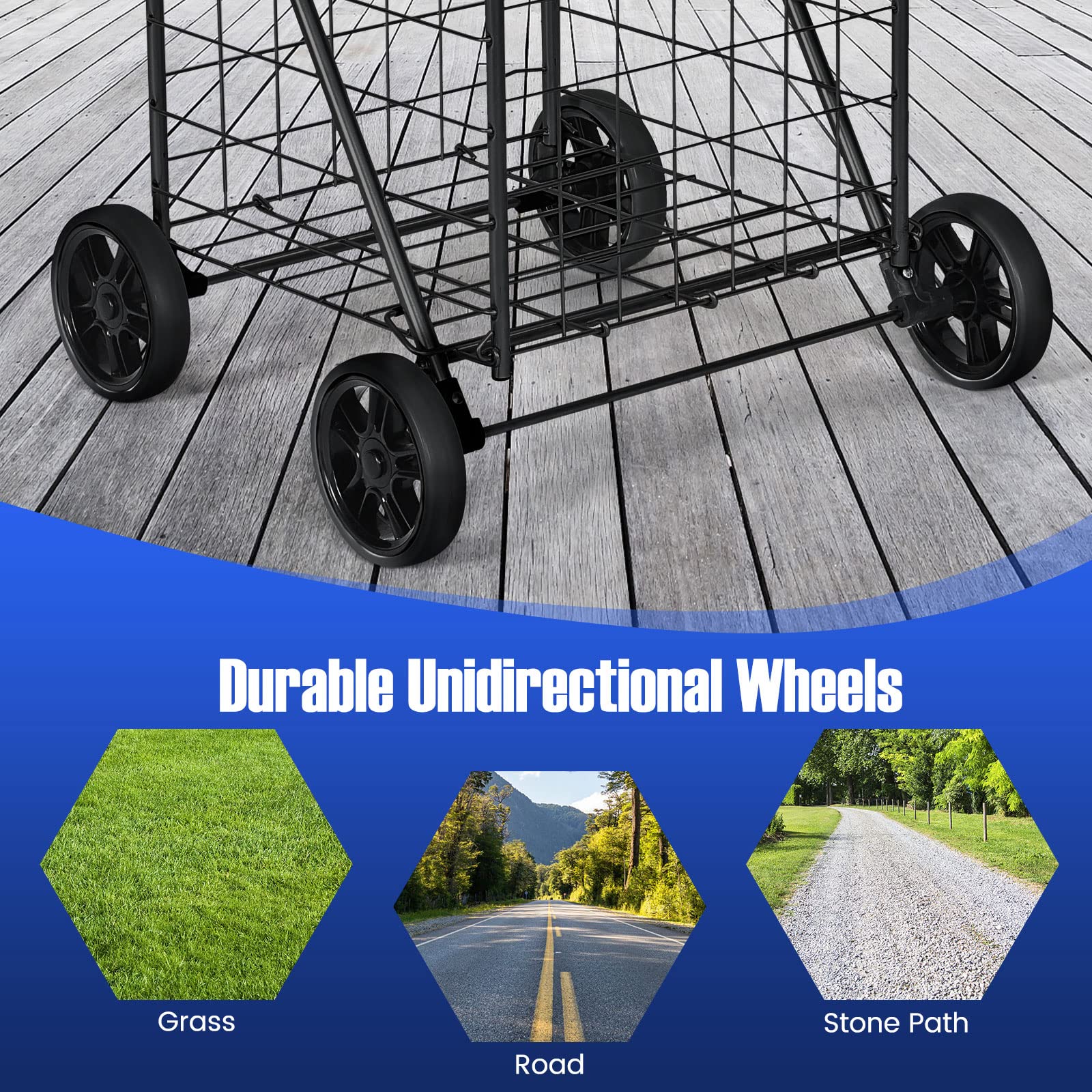 COSTWAY Folding Shopping Cart, Heavy Duty Grocery Utility Cart with Foam Wrapped Handle & Large Wheels, Versatile Rolling Cart with 22 Gal Metal Basket for Warehouse, Supermarket & Laundry