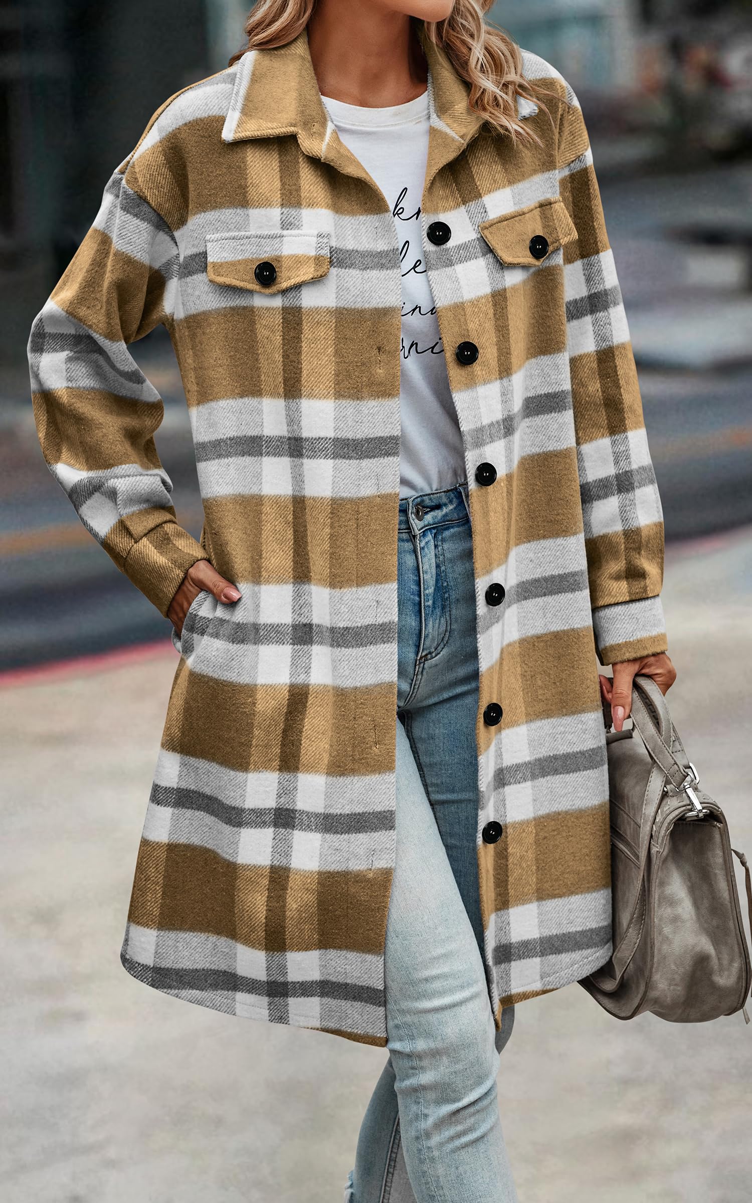 CCTOO Womens Plaid Flannel Shacket: 2023 Long Sleeve Trench Shirt Winter Tartan Jacket Woolen Lapel Neck Button Down Pea CoatsSmall140Yellow P