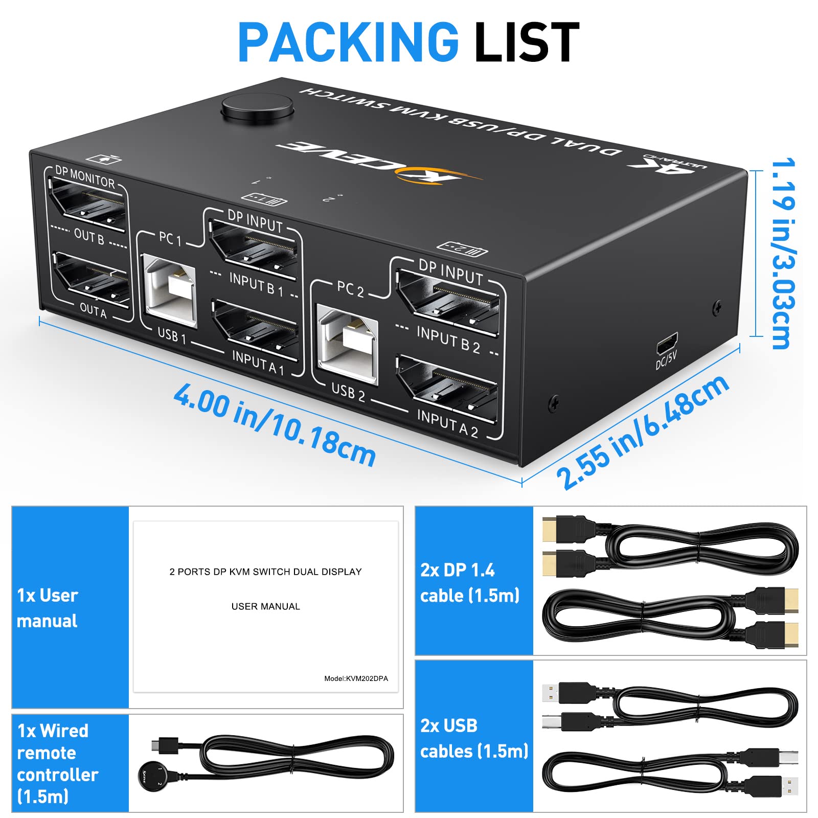 Dual Monitor KVM Switch DisplayPort 8K@30Hz 4K@144Hz 2 in 2 Out,DP KVM Switch and 4 USB Ports for 2 Computers,Backnward Compatible DP1.2 with DP+UBS Cables and Wired Controller