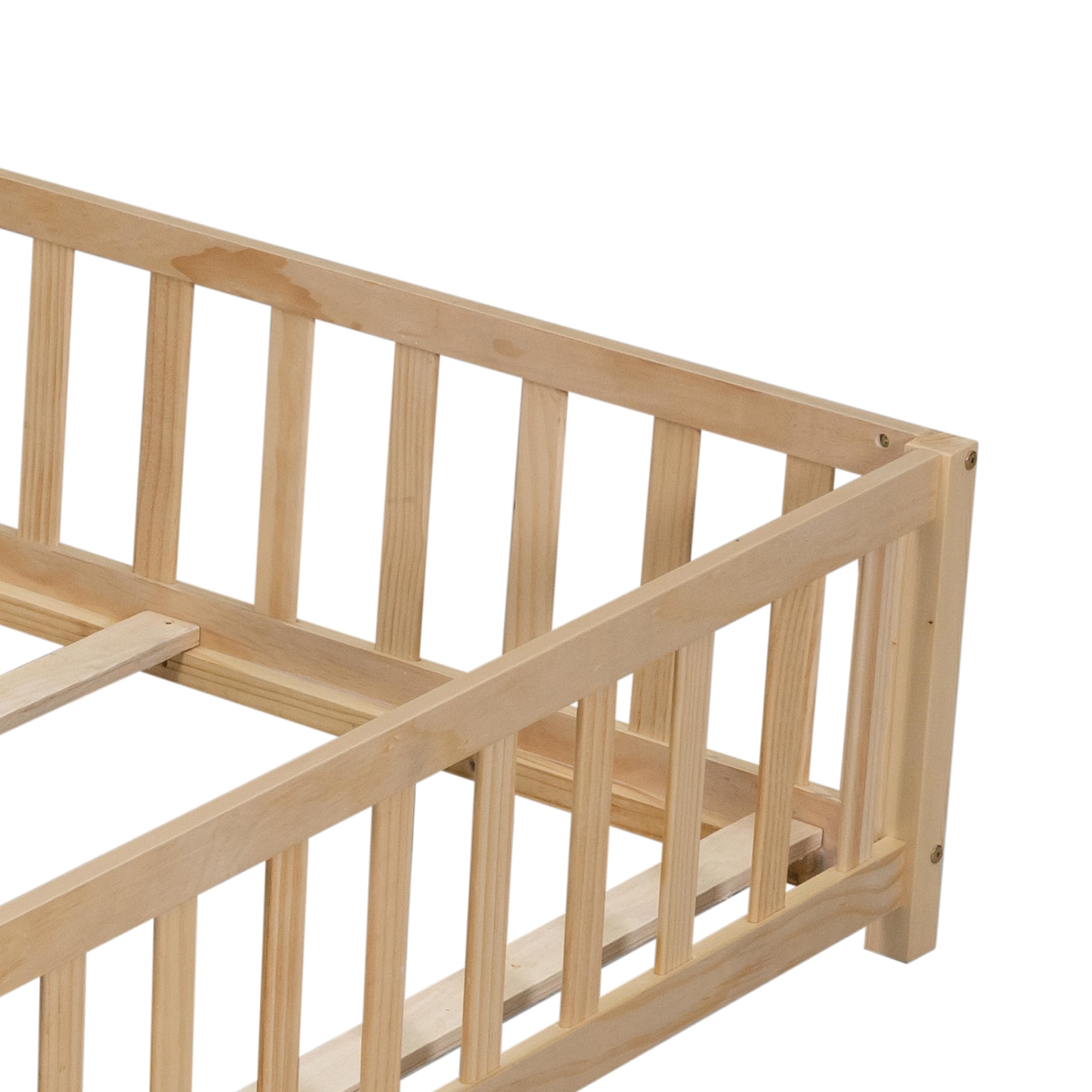 Harper & Bright Designs Floor Bed Full Size Montessori Bed Frame with Fence and Door, Wooden Full Platform Bed for Kids, Boys Girls, Slats Included, No Box Spring Needed, Natural