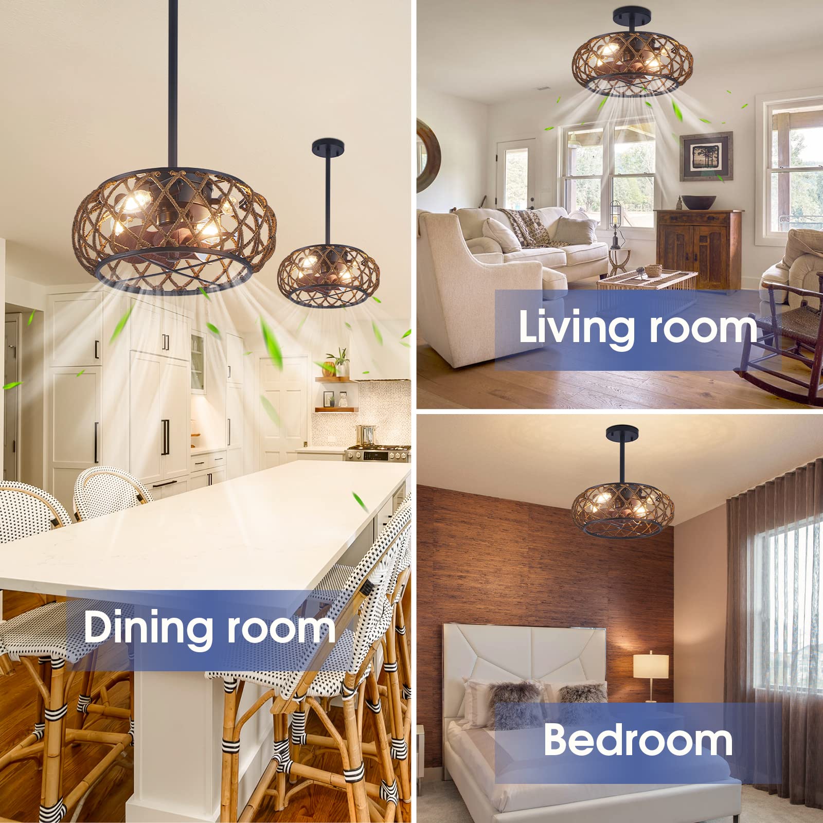 Buevea Caged Ceiling Fans with Lights Remote Control, 16'' Farmhouse Rattan Low Profile Ceiling Fan with Lights, Small Bladeless Celling Fan for Bedroom, Kitchen