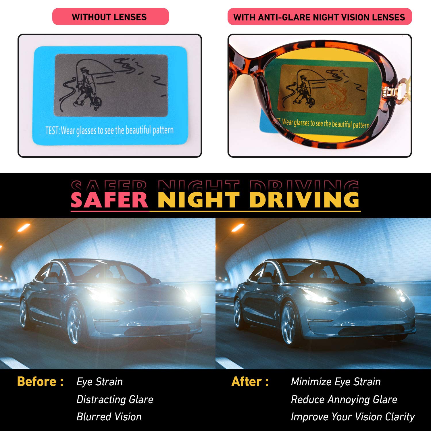 CGID Night Vision Driving Glasses Women Anti Glare Headlight Glasses Polarized UV400