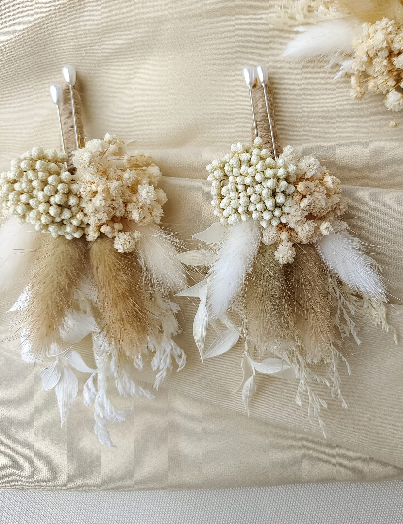 Dried Flowers Boutonnieres Set of 2 for Men Boho Fall Wedding Grooms Buttonhole Rustic Best Man Pampas Grass Dry Flower Decoration (Beige)