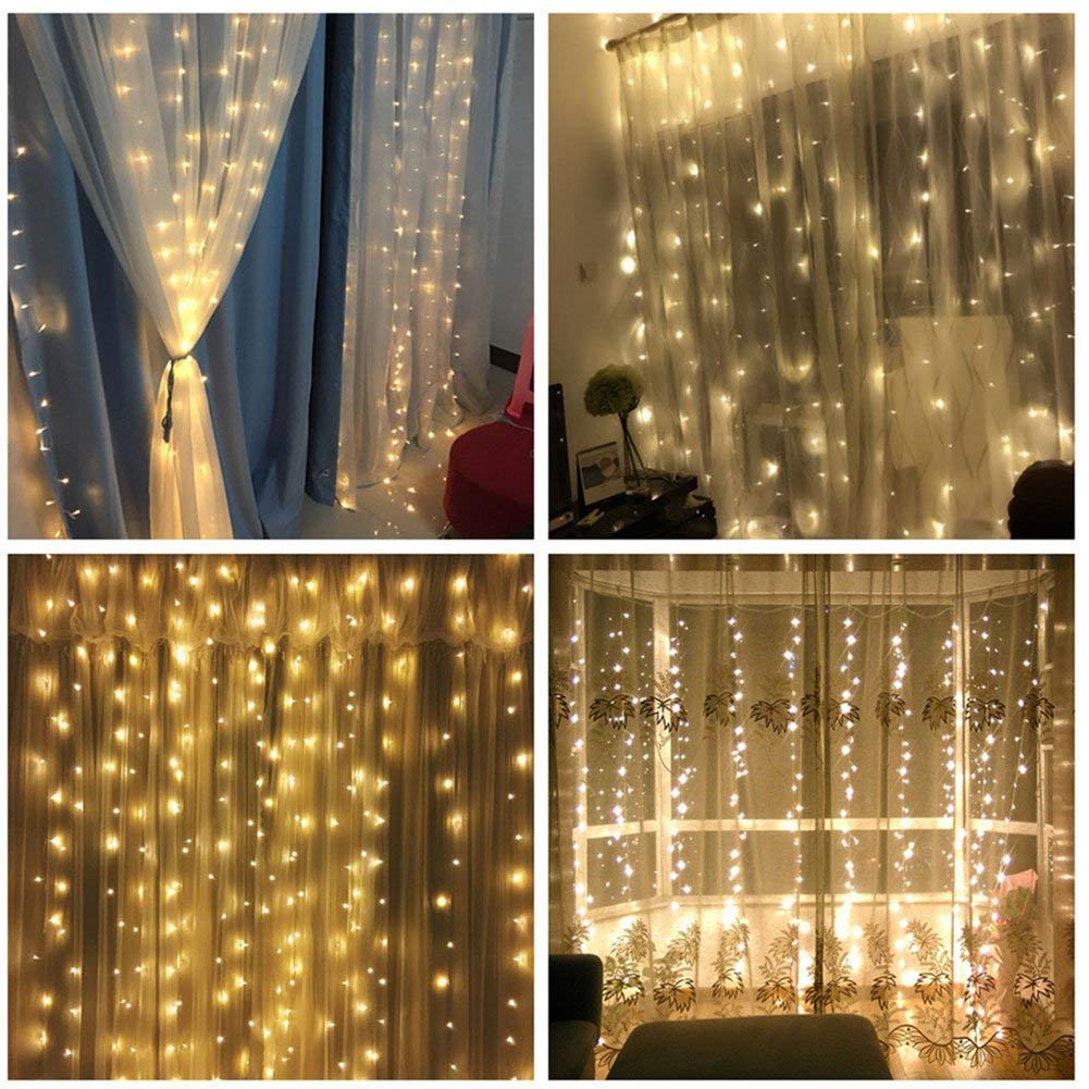 IMAGE 8 Modes Curtain Lights 9.8x6.6 Foot 224 LED String lights Fairy String Lights for Wedding Party Home Garden Indoor Outdoor Wall Backdrops Decorations Waterproof UL Safety Standard Warm White