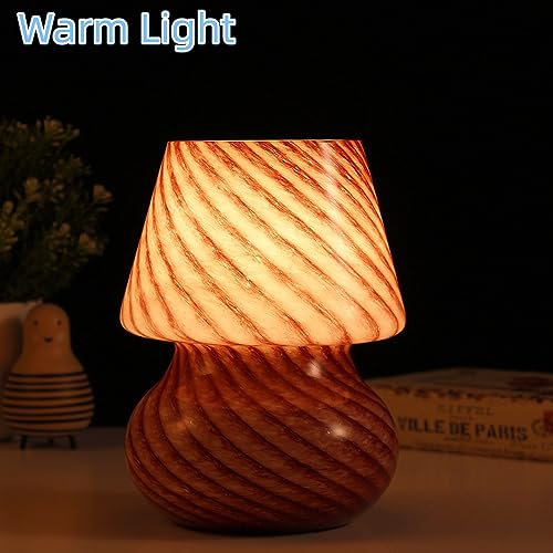 MKolour Mushroom Bedside Table Lamps - Glass LED Bedside Night Lamps, Vintage Small Table Lamps for Bedroom,Living Room,Nightstand,Study (Red Twill)