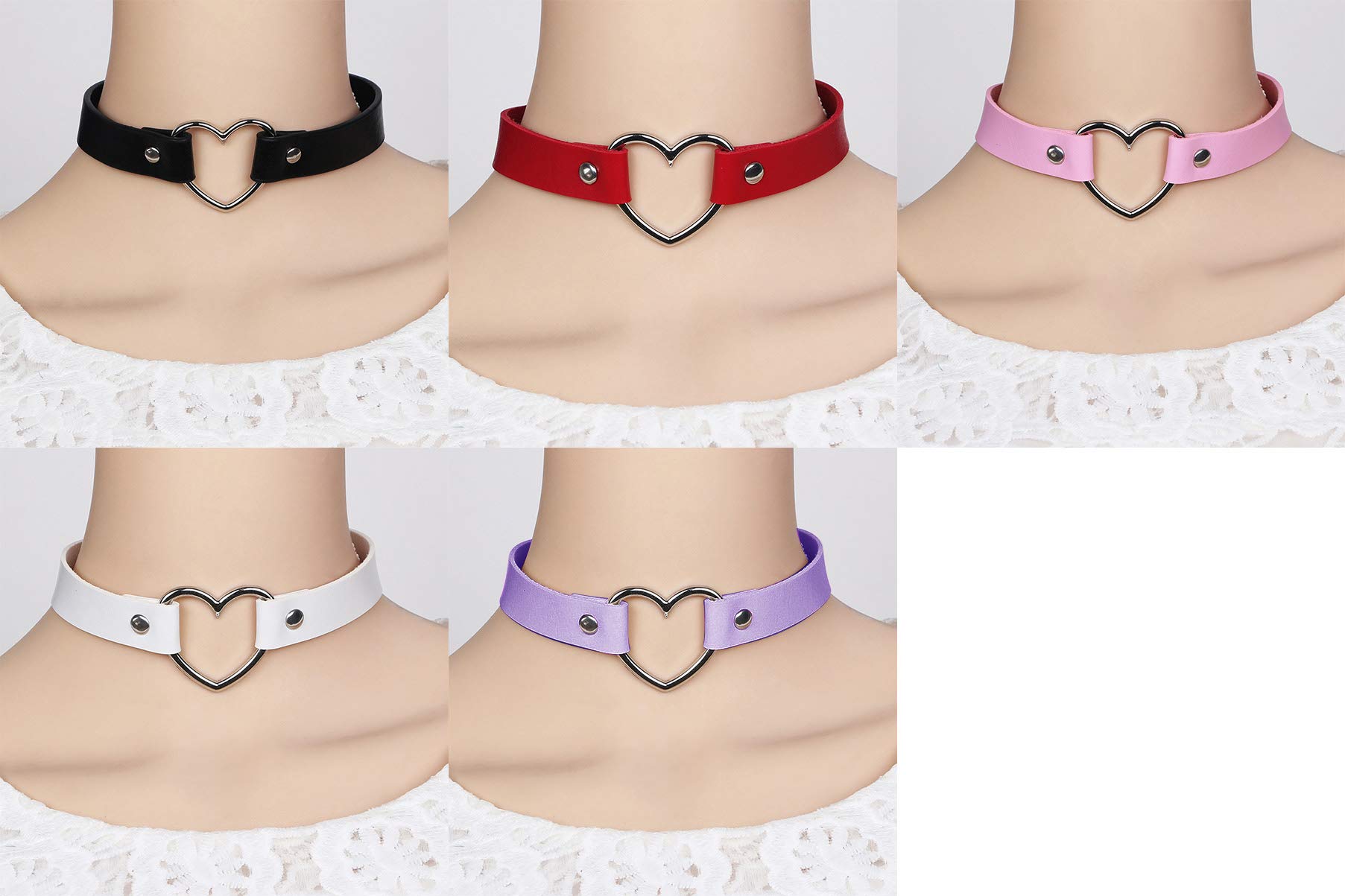 calary PU Leather Goth O ring and Love Heart Collar Chain for Women Girl (5 Set L Multied 5)