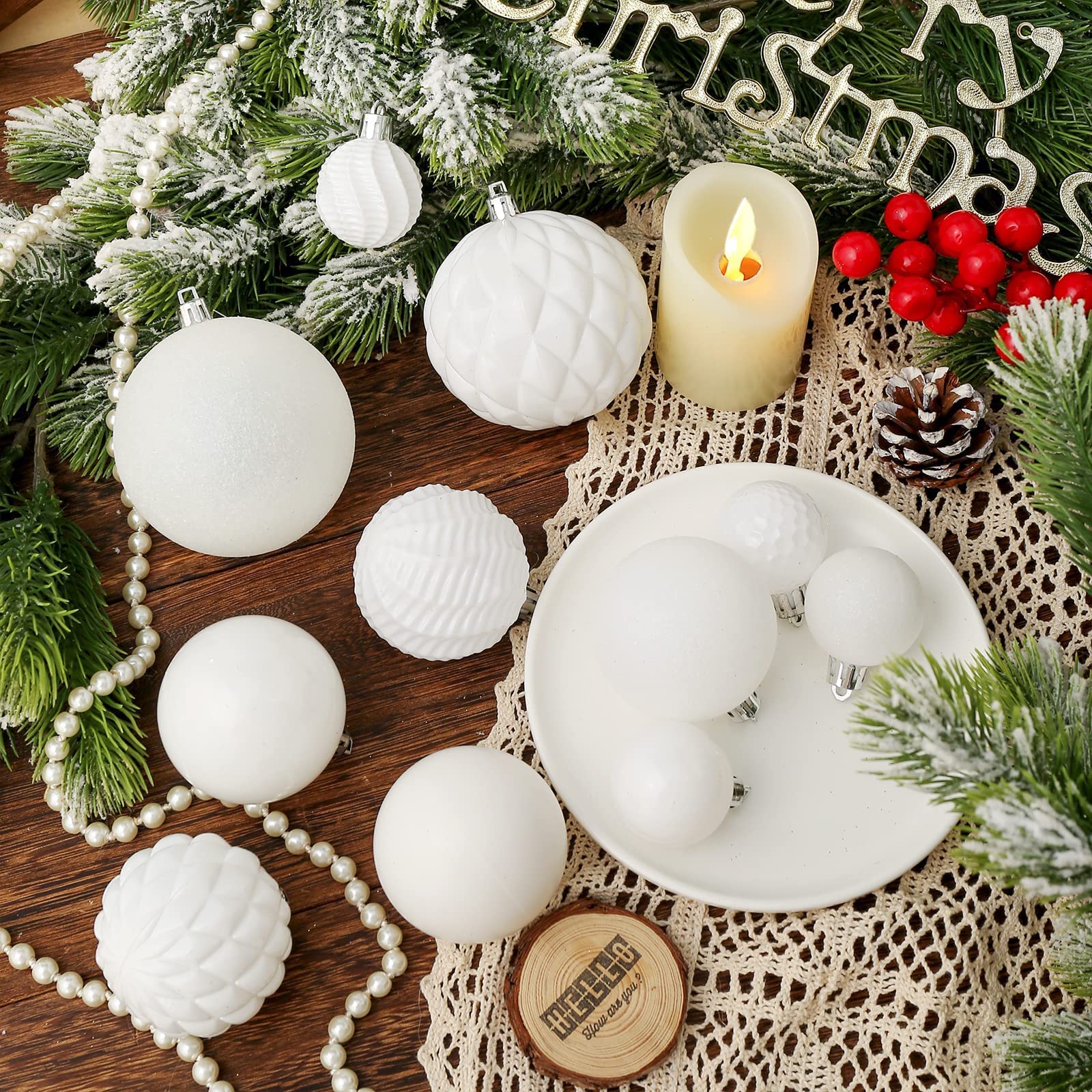 Christmas Balls Ornaments -36pcs Shatterproof Christmas Tree Decorations with Hanging Loop for Xmas Tree Wedding Holiday Party Home Decor,6 Styles in 3 Sizes(White)