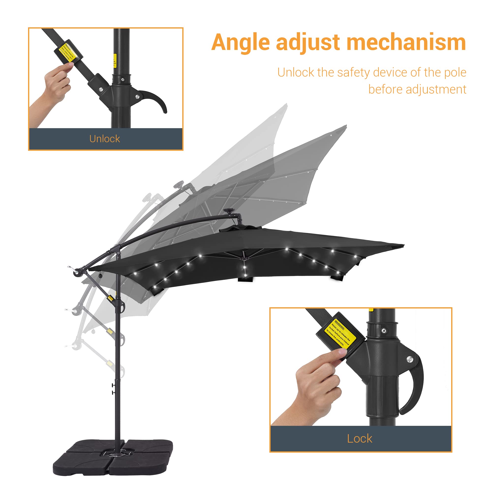 Bonosuki 8.2 x 8.2′ LED Patio Offset Umbrella With a Base, Outdoor Hanging Umbrella for Yard, Poolside and Deck,Black