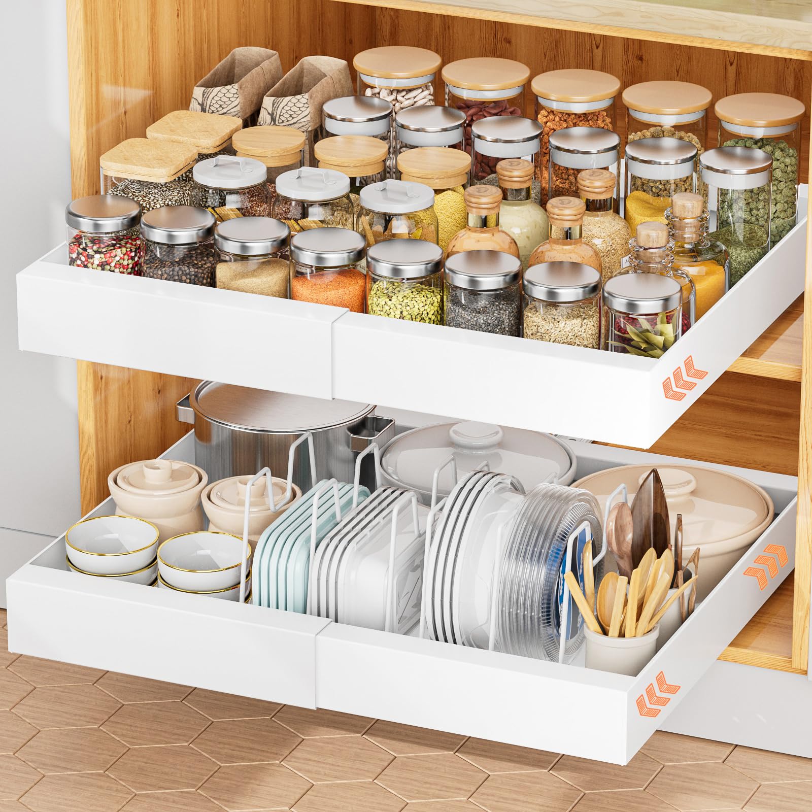 Expandable Pull Out Cabinet Organizer - Slide Out Cabinet Drawer Adhesive Kitchen Sliding Drawers with 4pcs Divider Racks for Pantry Bathroom Under Sink Home Storage, Width 12.2"-20.7",White