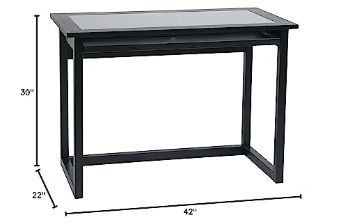 OSP Designs Meridian 42-Inch Wide Computer Desk with Pullout Keyboard Tray with Storage Space, Black Finish Wood and Veneer Frame and Clear Glass Top
