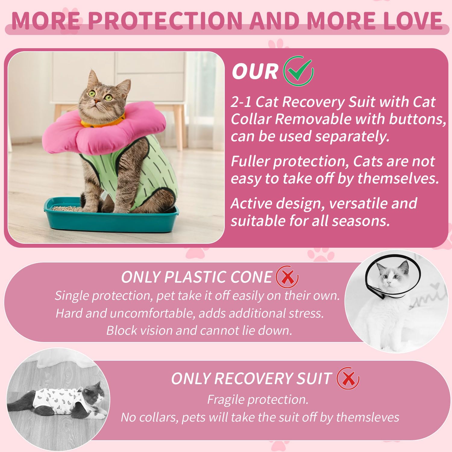 EMUST 2PCS Cat Recovery Suit and Cat Cone Collar Female, Cute Cat Surgical Suit for Abdominal Wounds or Skin Diseases, Adjustable Flower Neck Cat Cone Collar Soft for Cats 4-8lb(Green, M)