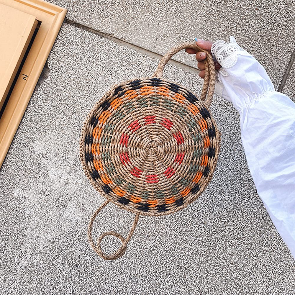 QTKJ Hand-woven Boho Women Straw Summer Beach Bag, Colorful Round Rattan Bag Cross Body Bag Shoulder Messenger Satchel (Khaki)