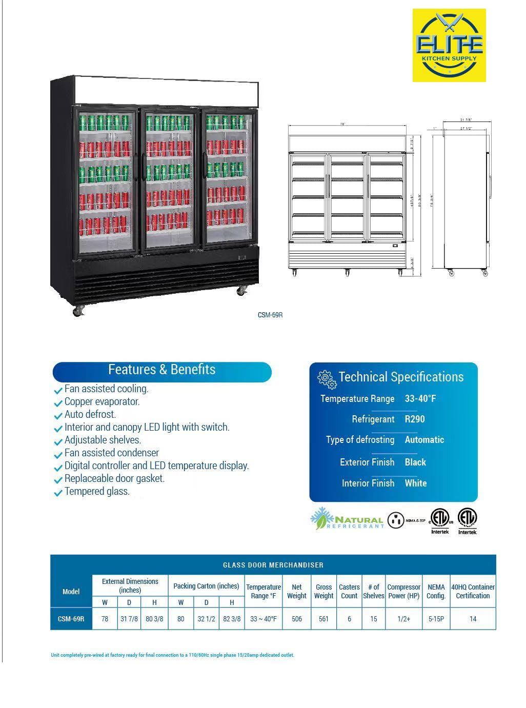 Elite Kitchen Supply Commercial Display Merchandiser Refrigerator, ETL NSF Fridge Cooler with 3 Glass Doors in Black, 3 Section Upright Reach-in, 78" W 69.43 cu. ft. Fan Cooling
