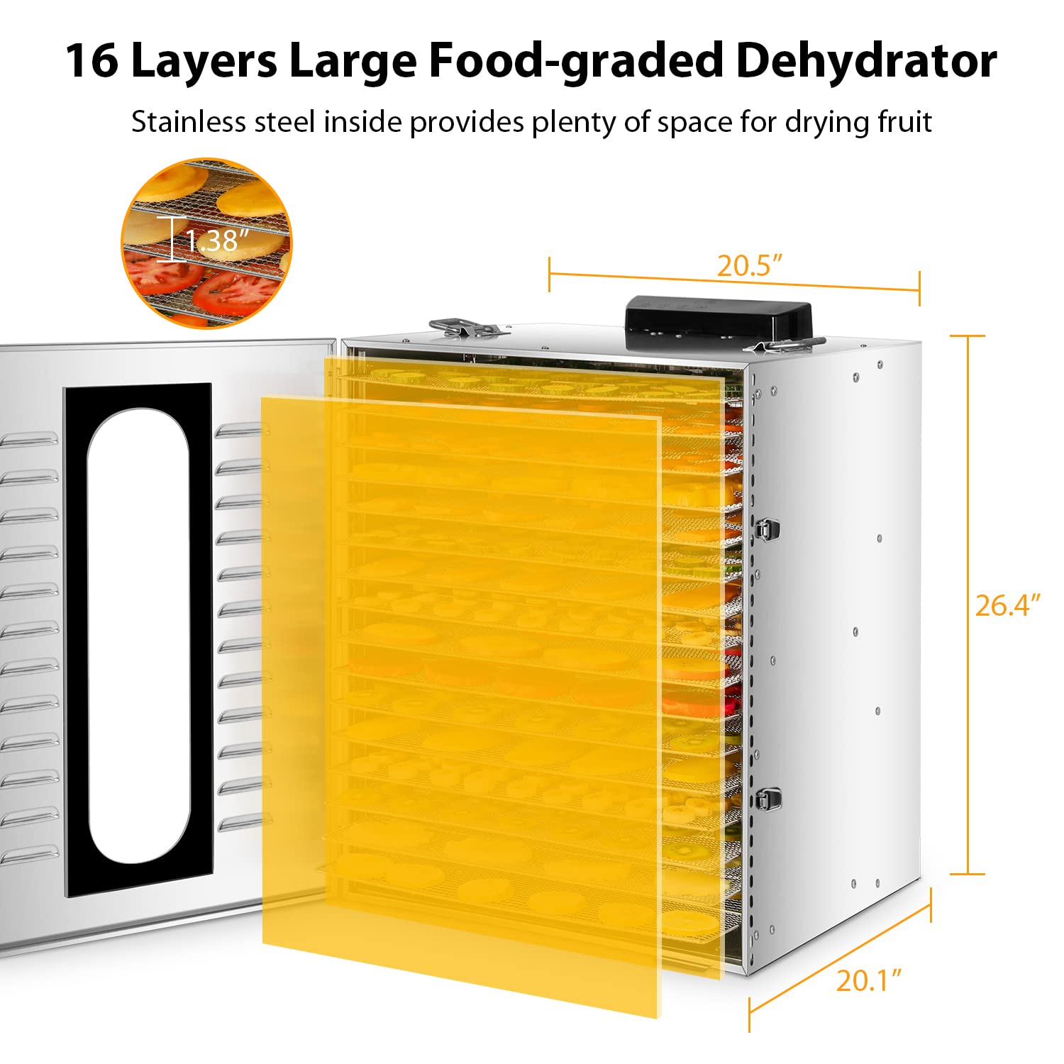 Commercial Food Dehydrator Machine Electric Dehydrators for Food and Jerky, 16 Trays Stainless Steel Fruit Vegetable Dryer with Digital Timer and Temperature Control