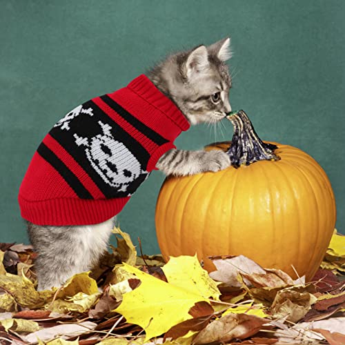 HUMLANJ 2 Packs Halloween Cat Sweater Turtleneck Knitted Pumpkin Sweaters for Cats Only Kitten Kitty Skull Sweater Warm Winter Knit Pullover Knitwear
