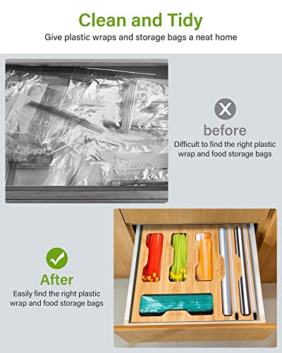 KOCWELL Bag Storage Organizer and Plastic Wrap Dispenser with Cutters, 2 Foil and Plastic Wrap Organizer, 4 Ziplock Bag Holder for Gallon, Quart, Sandwich Snack Variety Size Bags, Bamboo