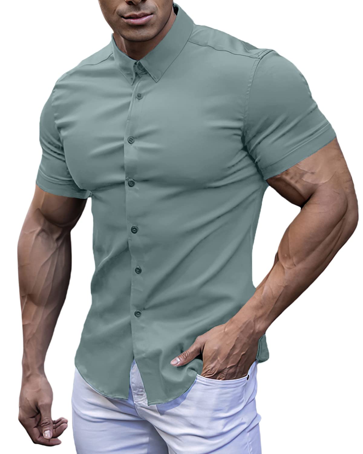 Casual Men's Muscle Fit Dress Shirts Short Sleeve Athletic Fit Button Down Shirts Light Green L