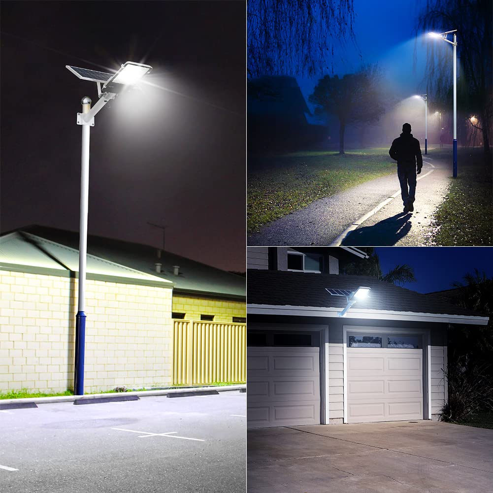 WEAFIEO 450W Solar Street Light, Dusk to Dawn LED Solar Flood Light with Motion Sensor, Remote Control and Pole, Super Bright 6500K Waterproof Solar LED Outdoor Garden Light, Garden, Street