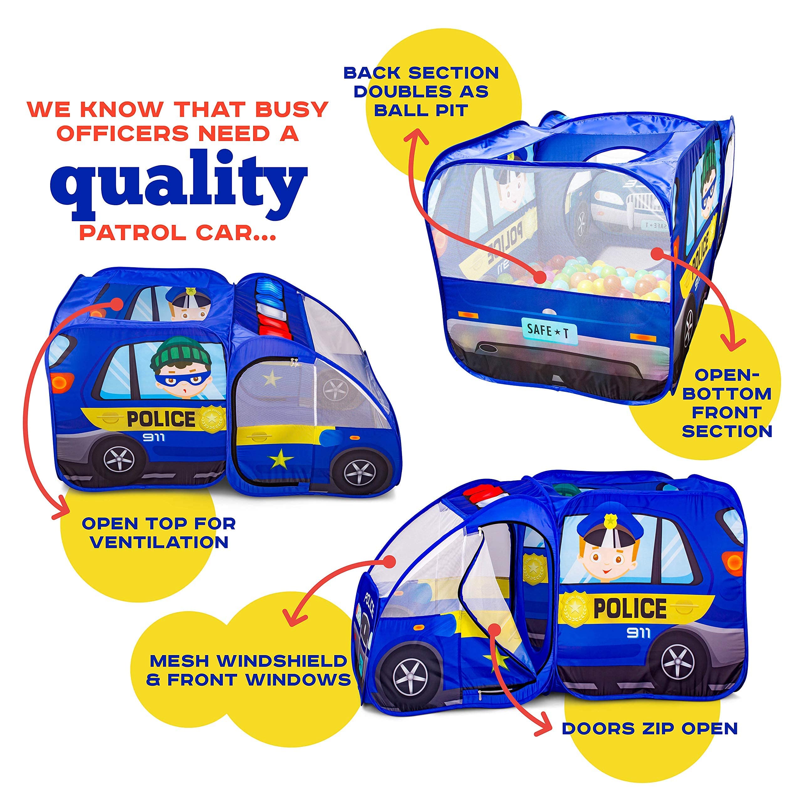 Police Car Pop Up Play Tent with Sound Button for Kids, Toddlers, Boys, Girls, Indoors & Outdoors – Playhouse for Interactive Fun - Foldable, Quick Setup Pretend Play Toys & Gift