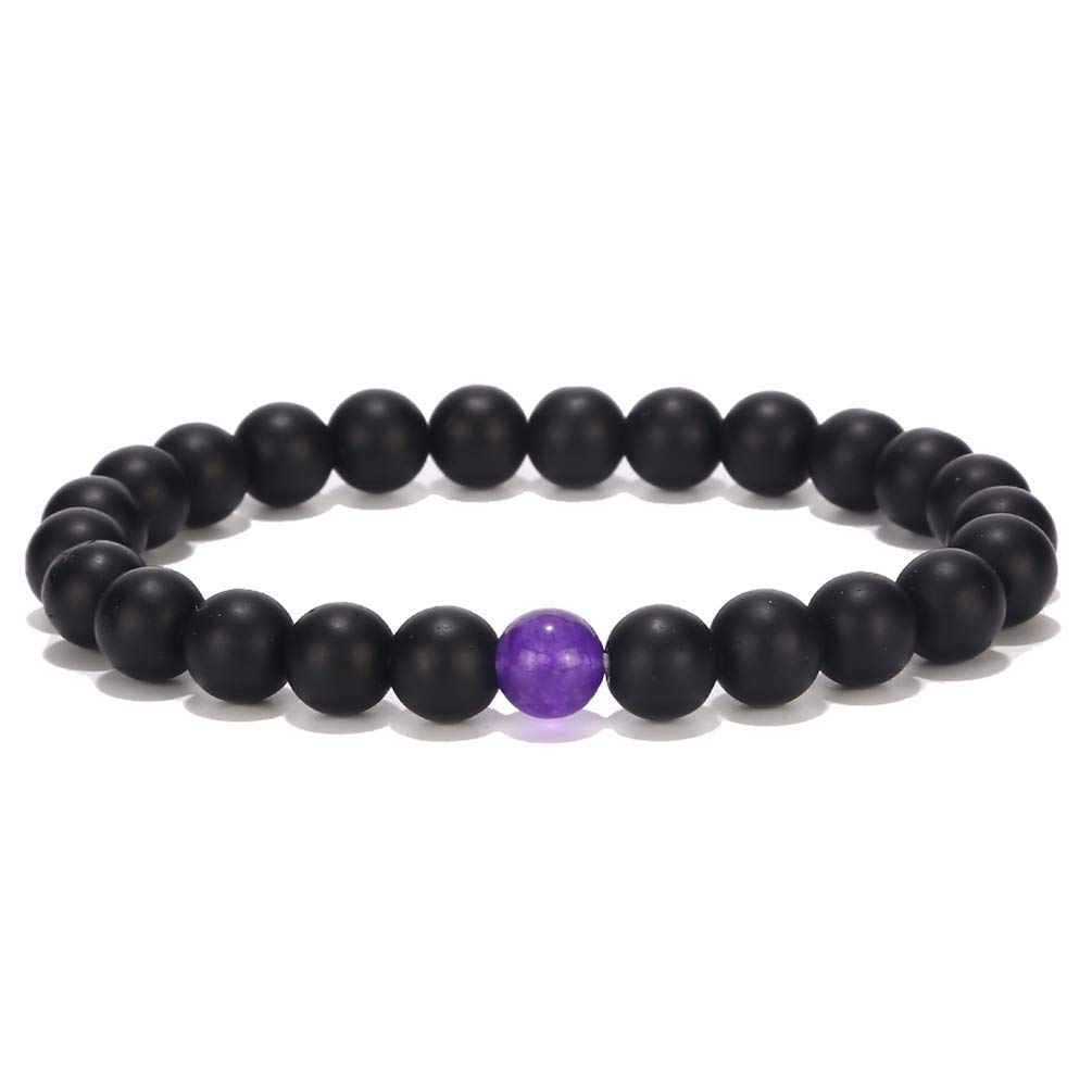 Black Matte & Purple Agate Stone His and Hers Bracelets 8mm Sandstone Couple Bracelet
