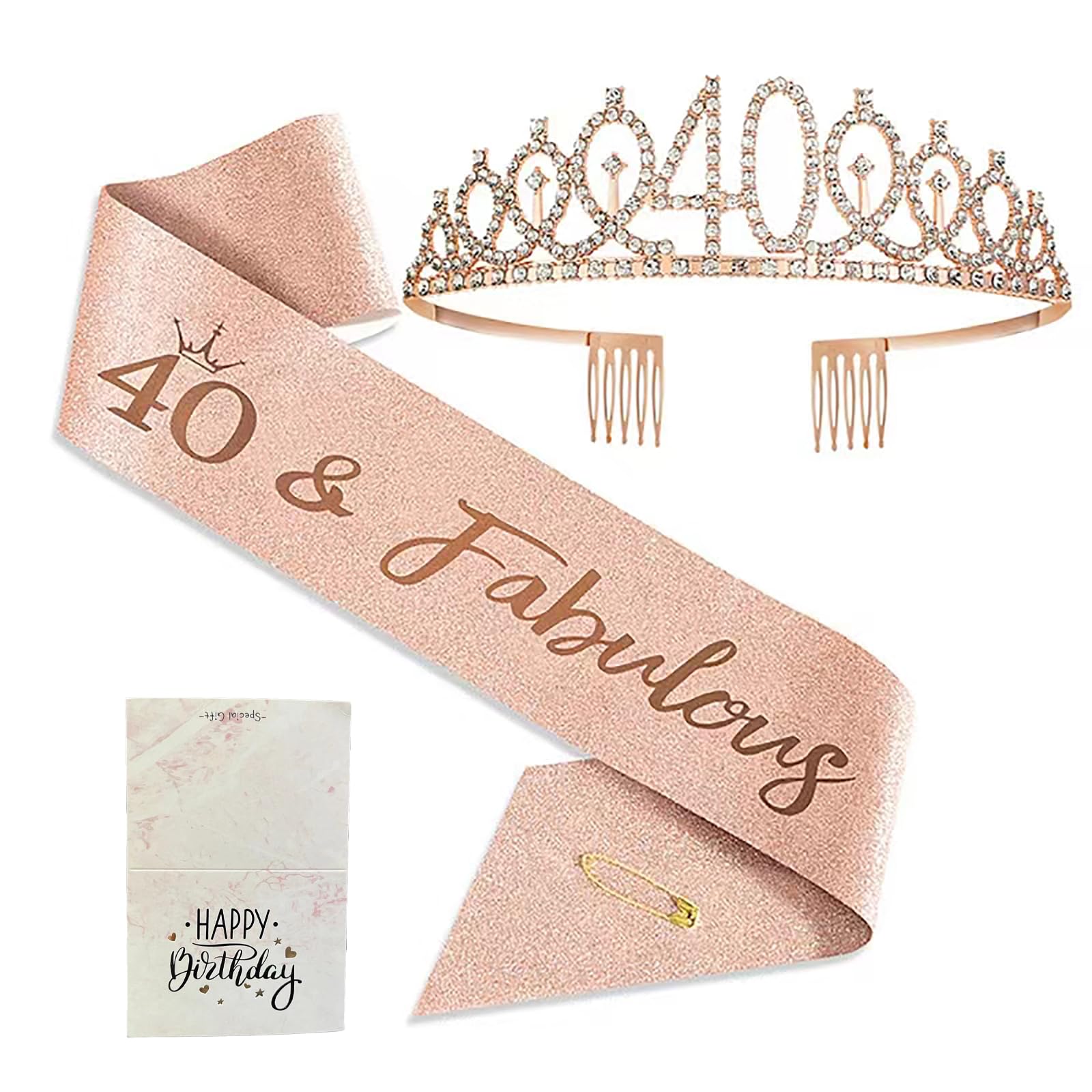 Generic 40th Birthday Sash and Tiara Set, Party Supplies for Her, Decorations, Rose Gold,40th Birthday Gifts for Women, 5.2inch