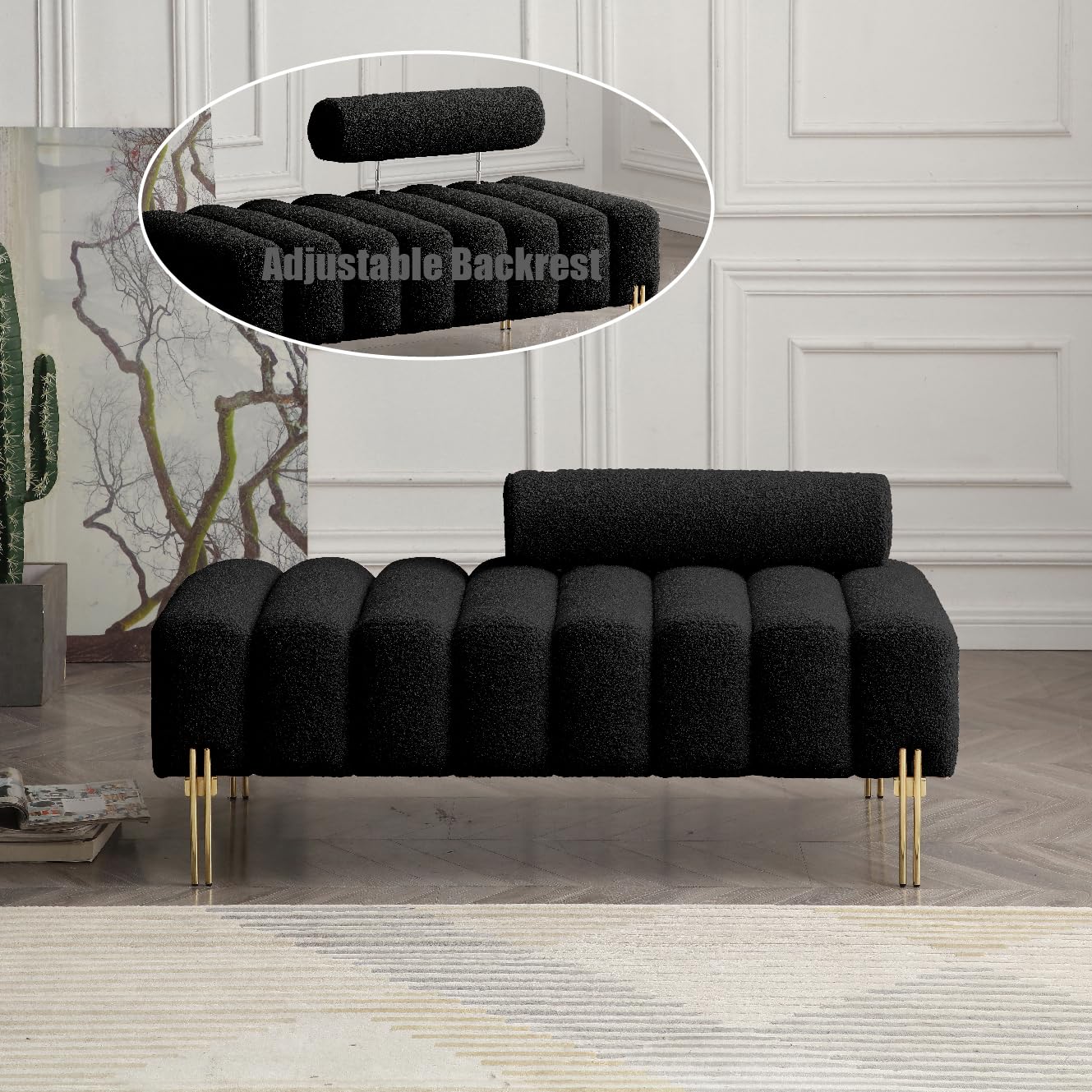 FUQIAOTEC 53" Modern Loveseat Sofa Couch, Sherpa Upholstered Accent Sofa with Adjustable Backrest, Small Space End of Bed Bench Sofa Stool for Bedroom/Apartment/Office (Black)
