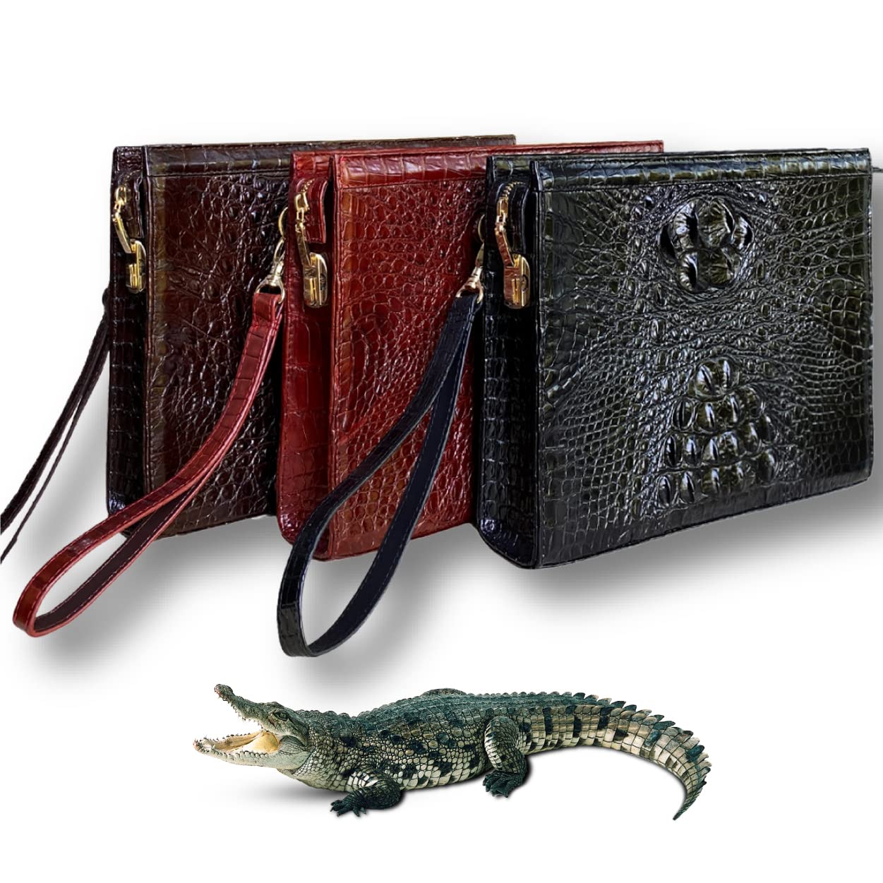 Black Mens Big Clutch Bag Business Alligator Leather Purse Wristlet Handbag Premium Crocodile Skin Multiple Compartments Card Phone Holder Organizer Wallet RFID Blocking CLUT01