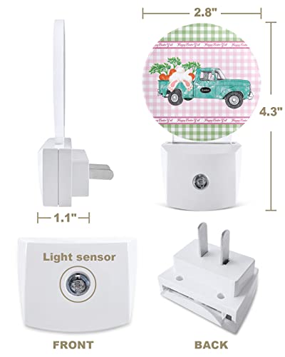Happy Easter Truck Bunny Night Lights Plug into Wall, Pink Green Buffalo Blue Auto Round LED Lights with Dusk to Dawn Sensor for Bedroom, Bathroom, Hallway, Kitchen, Kids, Home Decor