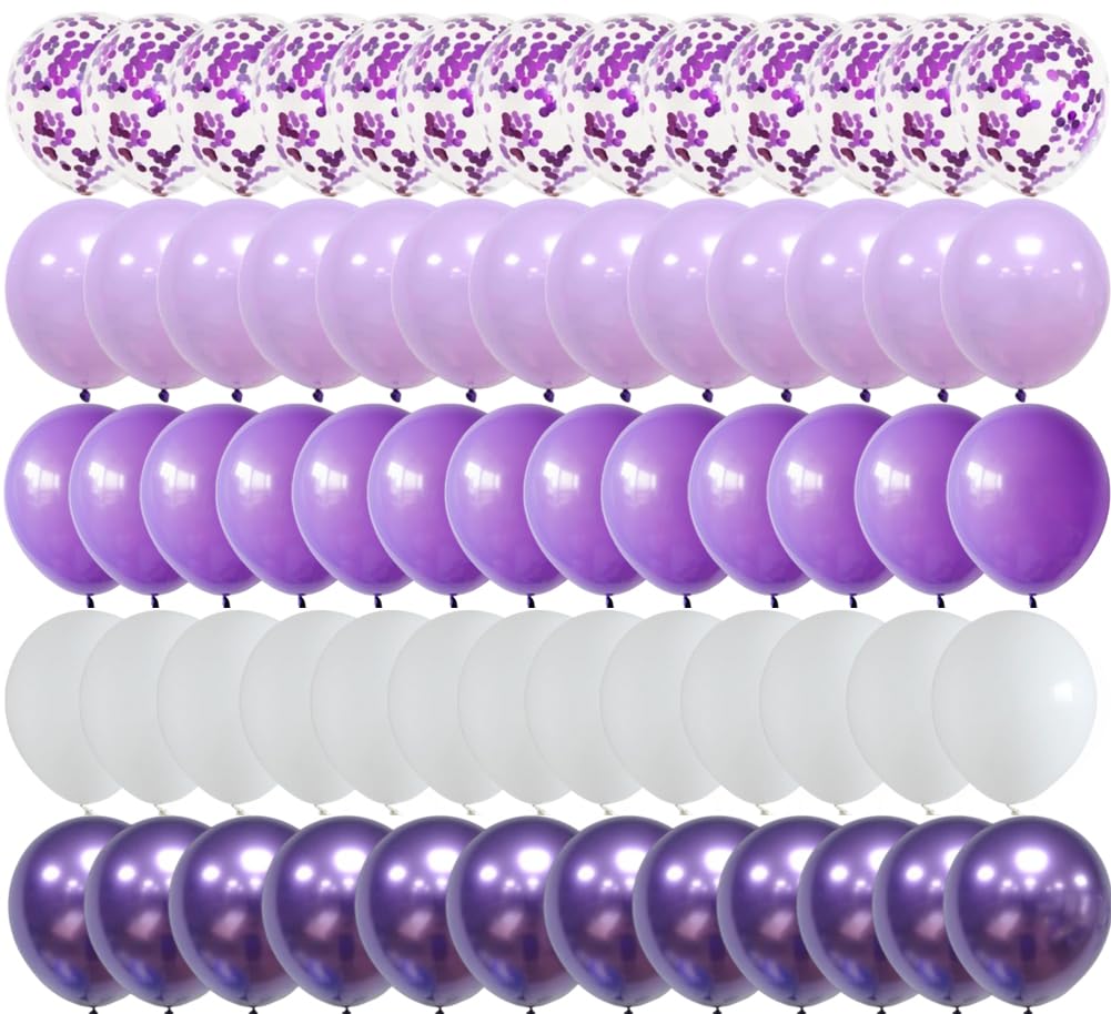 DUILE 60Pcs Metallic Purple and White Latex Lavender Lilac Balloons 12inch Purple Confetti Balloons for Birthday Bridal Shower Wedding Party Decorations